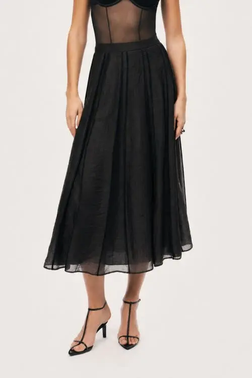 NOCTURNE Sheer Pleated Midi Skirt - Black