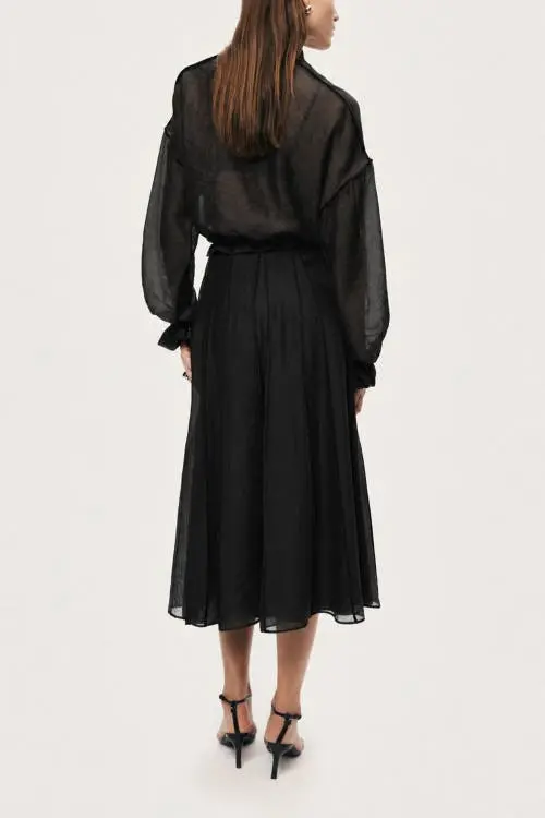 NOCTURNE Sheer Pleated Midi Skirt - Black
