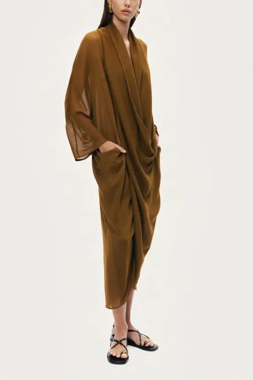 NOCTURNE Draped V-neck Midi Dress - Camel