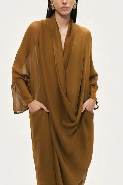 NOCTURNE Draped V-neck Midi Dress - Camel