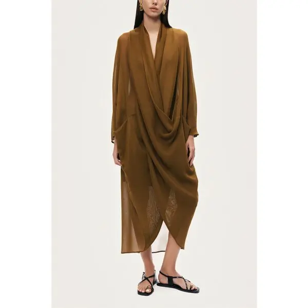 NOCTURNE Draped V-neck Midi Dress - Camel