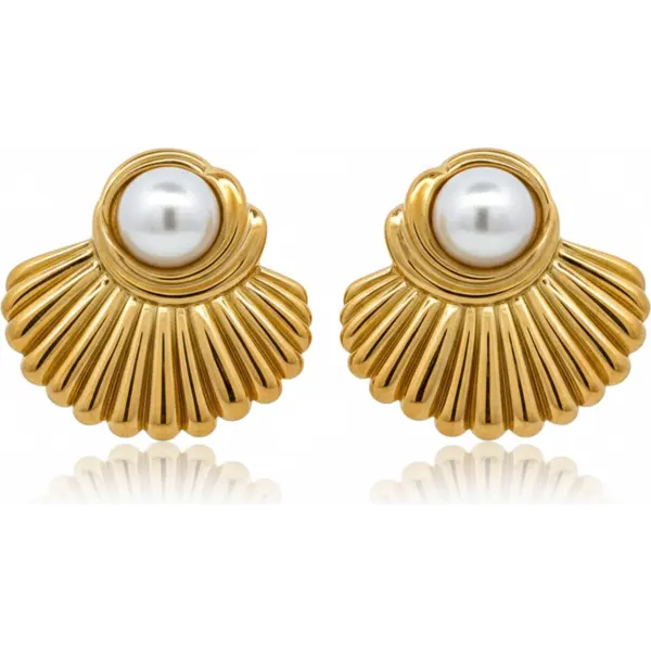 GEMINI JEWELRY 18k Gold Plated Crystal Pearl Shell Stud Earrings - Yellow