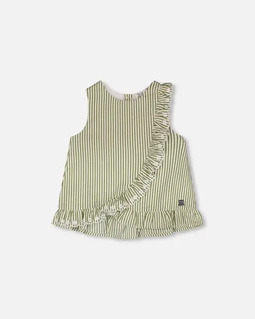 DEUX PAR DEUX Striped Top With Embroidered Ruffle