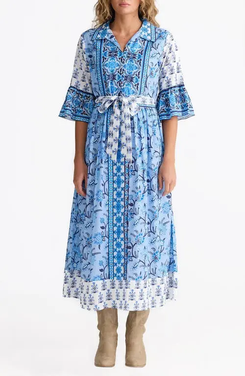 TALISMAN THE LABEL Jardin Mixed Print Cotton Midi Dress - Blueberry Fields