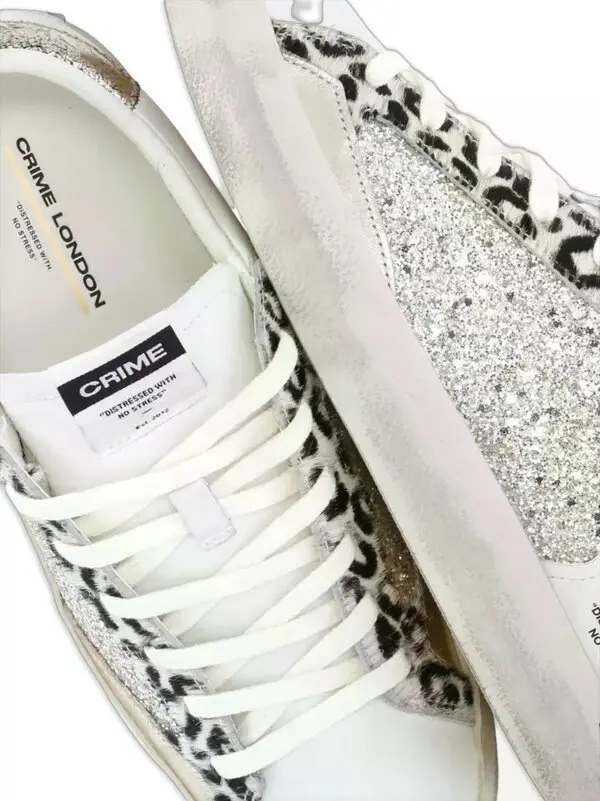 CRIME LONDON Distressed Animal-print Glitter Sneakers - White