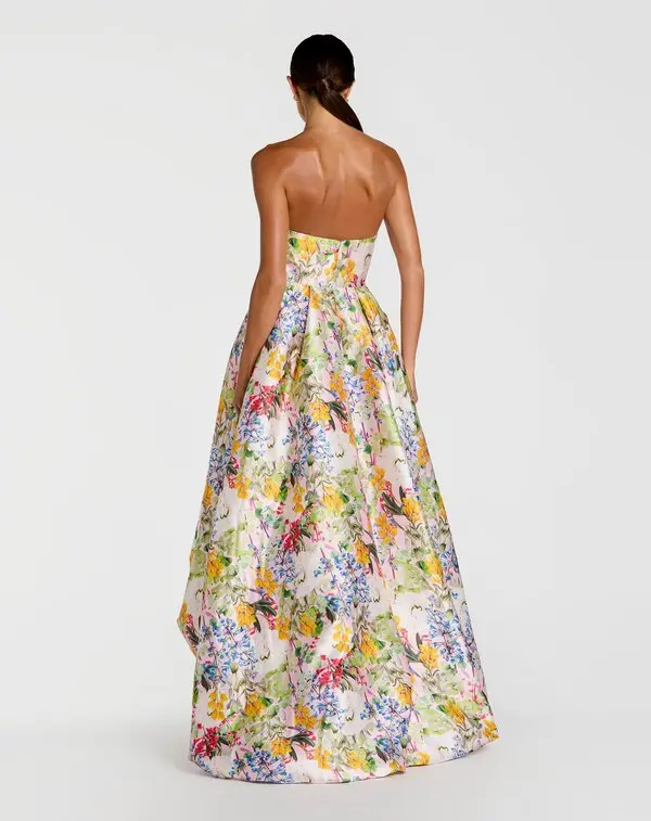 Mac Duggal Strapless Floral High-low Bubble Hem Gown