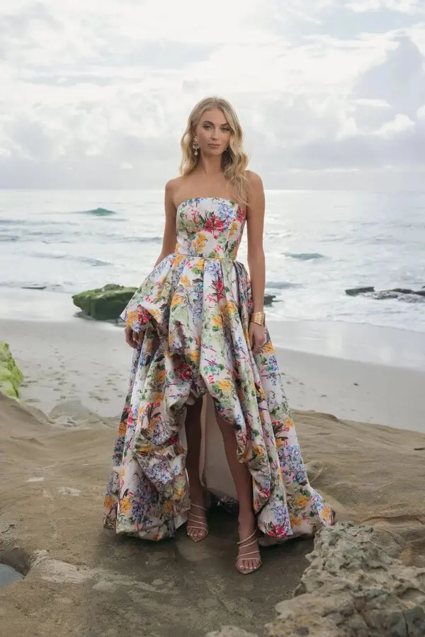 Mac Duggal Strapless Floral High-low Bubble Hem Gown