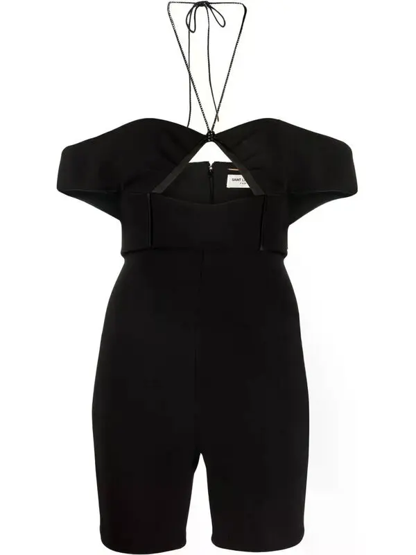 Saint Laurent Halterneck Cold-shoulder Playsuit - Black
