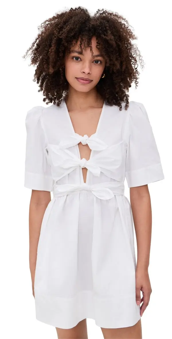 GANNI Stretch Cotton Mini Tie Strap Dress - Bright White