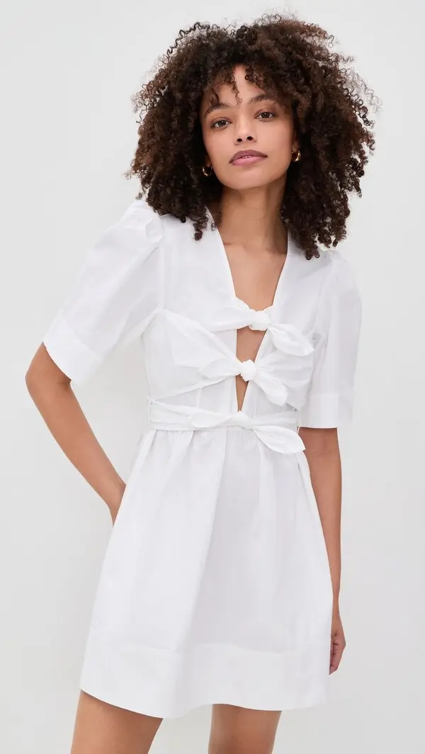 GANNI Stretch Cotton Mini Tie Strap Dress - Bright White