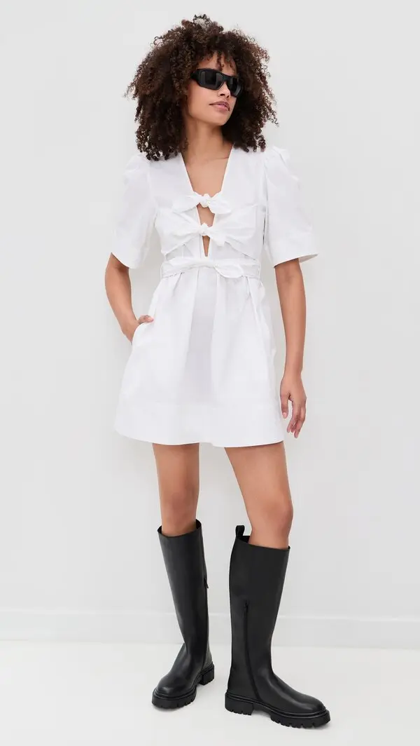 GANNI Stretch Cotton Mini Tie Strap Dress - Bright White