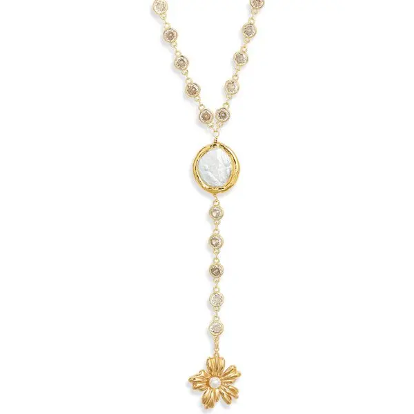 VIDAKUSH Hibiscus Freshwater Pearl Y-necklace - Gold