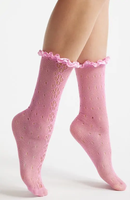 HIGH HEEL JUNGLE Mimi Satin Ruffle Lace Crew Socks - Pink