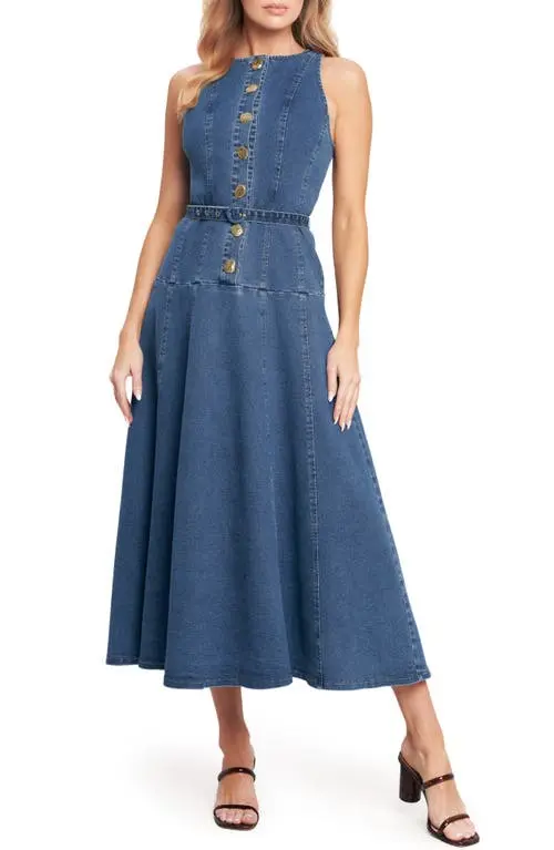 FLYING TOMATO Belted Denim Midi Dress