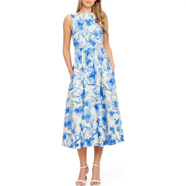 FLYING TOMATO Print Bow Twill Midi Dress
