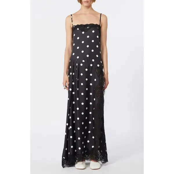 Sportmax Capo Polka Dot Lace Trim Silk Slipdress - Black
