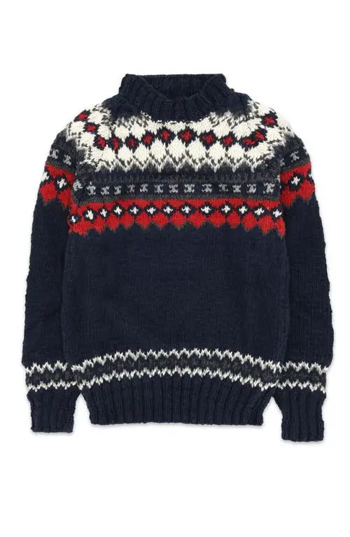 FORTELA Navajo Pattern Merino Wool Pullover - Navy Blue