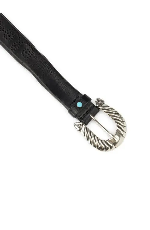 FORTELA Perforated Leather Belt With Turquoise Buckle - Black