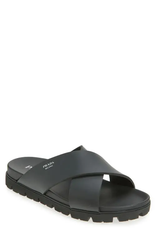Prada Cross Strap Slide Sandal - Nero