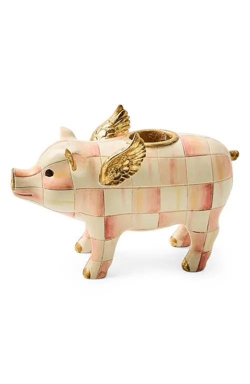MACKENZIE-CHILDS Check Flying Pig Candleholder - Rosy