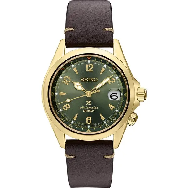 SEIKO WATCHES Prospex Land Alpinist Automatic Leather Strap Watch - Green