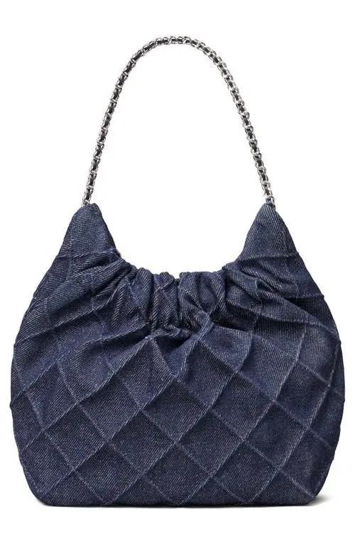 Tory Burch Mini Fleming Quilted Denim Hobo Bag