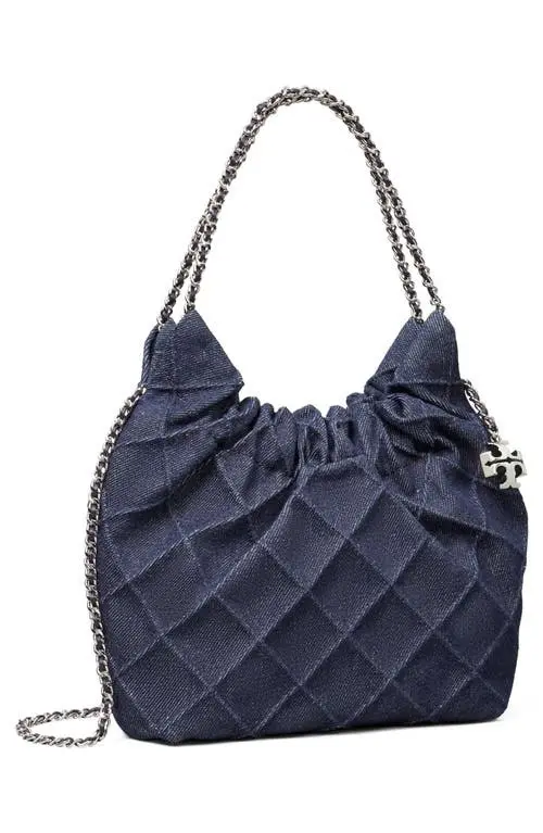 Tory Burch Mini Fleming Quilted Denim Hobo Bag