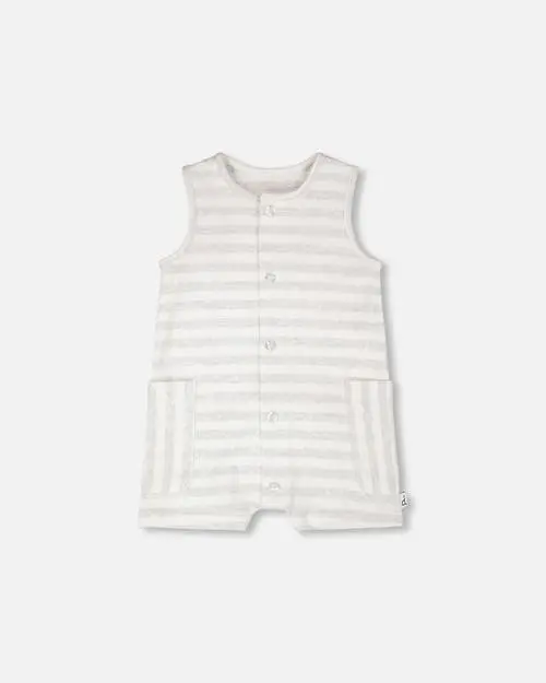 DEUX PAR DEUX Sleeveless Striped Cotton Romper - White & Grey Stripes