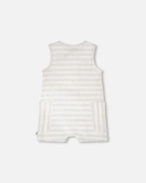 DEUX PAR DEUX Sleeveless Striped Cotton Romper - White & Grey Stripes