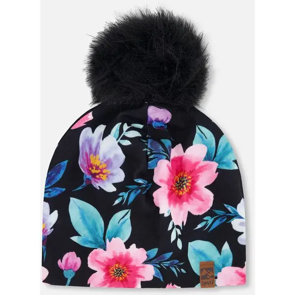 DEUX PAR DEUX Floral Printed Jersey Hat With Pompom - Black Floral Print