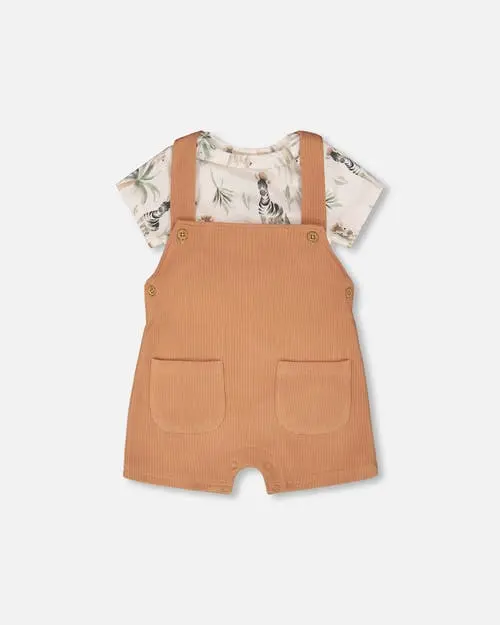 DEUX PAR DEUX Organic Cotton Jersey Bodysuit And Cotton Rib Shortall Set - Beige Zebra Print & Caramel