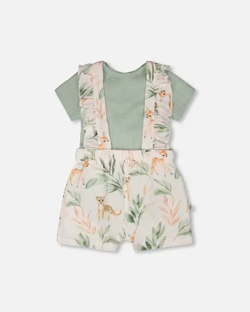 DEUX PAR DEUX Pointelle Bodysuit And Cotton Muslin Printed Shortall Set - Green And Peach Deer Print