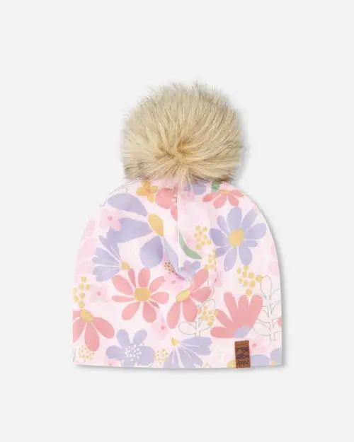 DEUX PAR DEUX Stretch Jersey Beanie With Floral Print And Pompom - Pink Flower Print