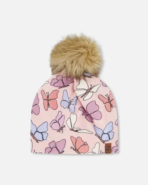 DEUX PAR DEUX Printed Butterfly Jersey Hat With Pompom - Pink Printed Butterflies