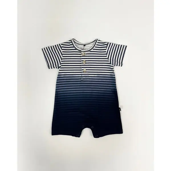 DEUX PAR DEUX Short Sleeve Striped Organic Cotton Romper - Striped Gradient Blue