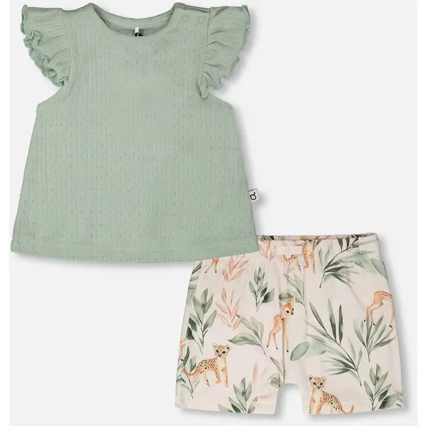 DEUX PAR DEUX Pointelle Top And Deer Printed Shorts Set - Green And Peach Deer Print