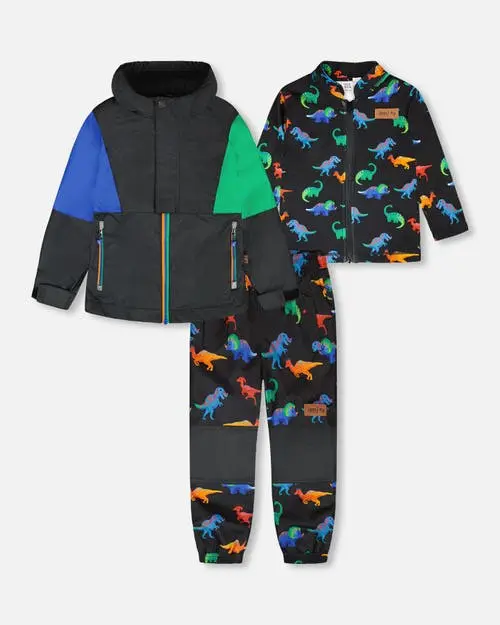 DEUX PAR DEUX 3-in-1 Dinosaur Print Outerwear Set - Black Dinosaur Print