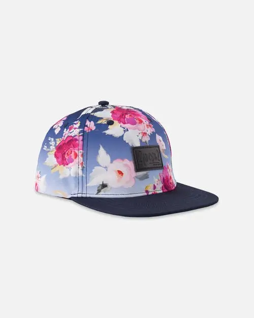 DEUX PAR DEUX Floral Print Flat Brim Cap - Blue With Roses Print
