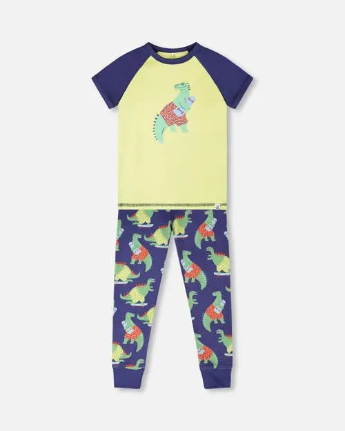 DEUX PAR DEUX Organic Cotton Dino Two-piece Pyjama Set - Blue Dino Print