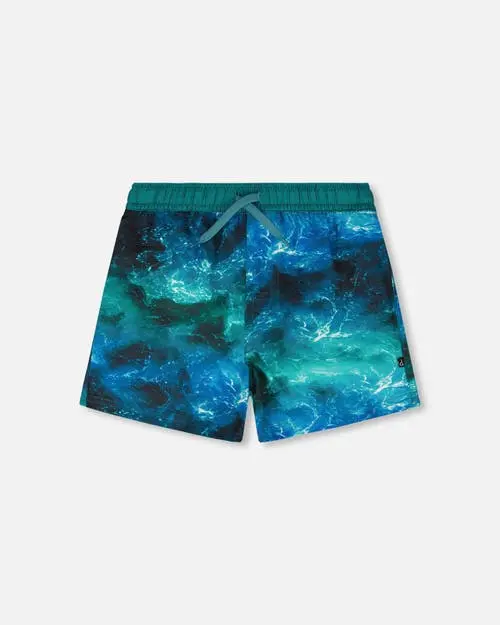 DEUX PAR DEUX Waves Print Swim Trunks - Blue Waves Print