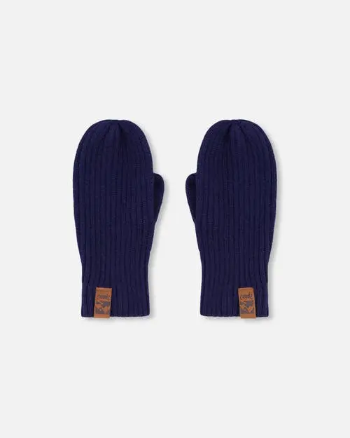 DEUX PAR DEUX Ribbed Knit Mittens - Navy Blue