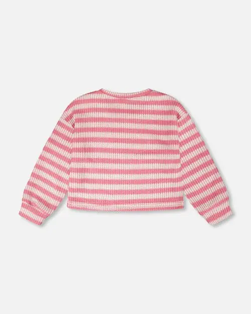 DEUX PAR DEUX Long Sleeve Striped Cropped Sweater - Pink & White Stripes