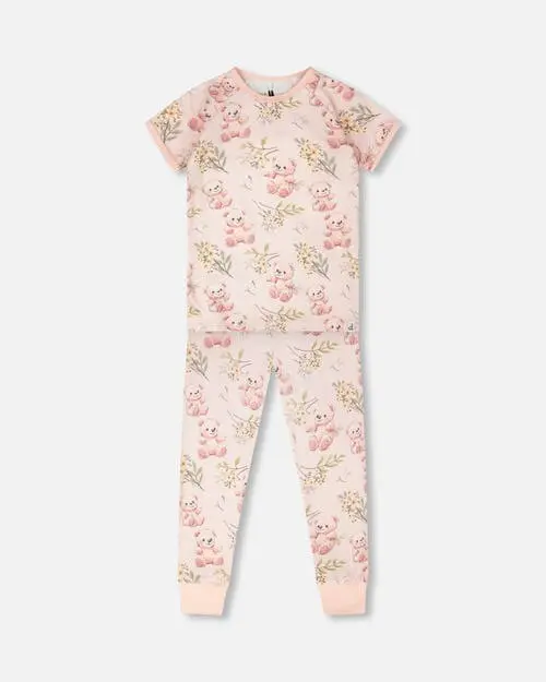 DEUX PAR DEUX Organic Cotton Bear Two-piece Pyjama Set - Pale Rose Bear Print