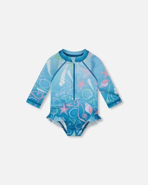 DEUX PAR DEUX Printed Long Sleeve Rashguard - Blue Seashell Print