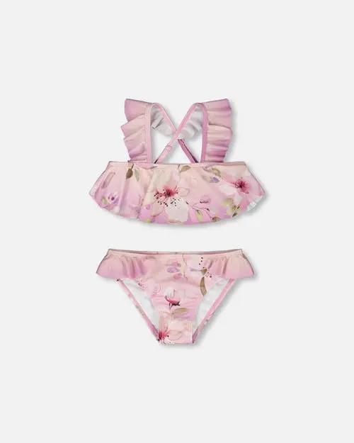 DEUX PAR DEUX Two-piece Ruffle Flared Flower Swimsuit - Purple Flower Print
