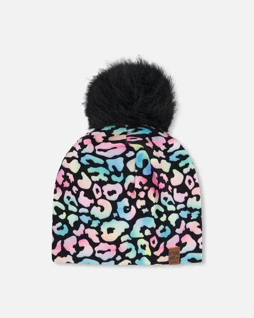 DEUX PAR DEUX Animal Print Jersey Hat With Pompom - Black Animal Print