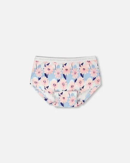 DEUX PAR DEUX Organic Cotton Smiling Flower Boyshort Panty - Blue Smiling Flower Print
