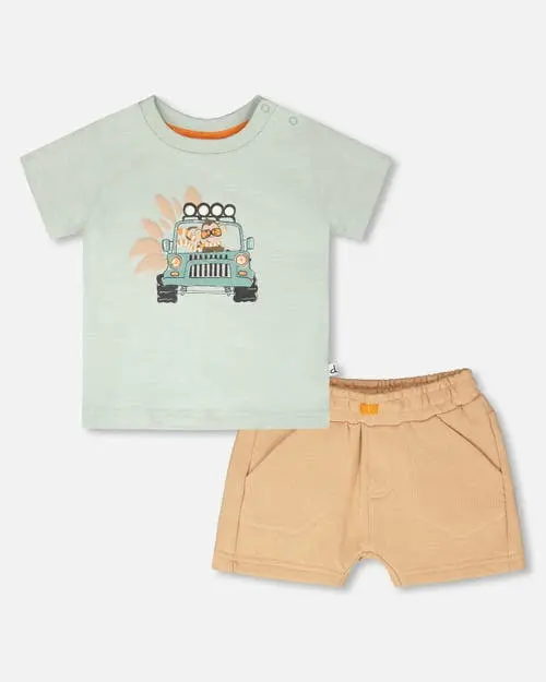 DEUX PAR DEUX Organic Cotton Monkey Short Set - Mint Green And Beige