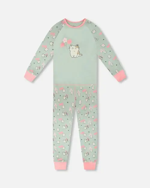 DEUX PAR DEUX Organic Cotton Kitten Two-piece Pyjama Set - Green Kitten Print