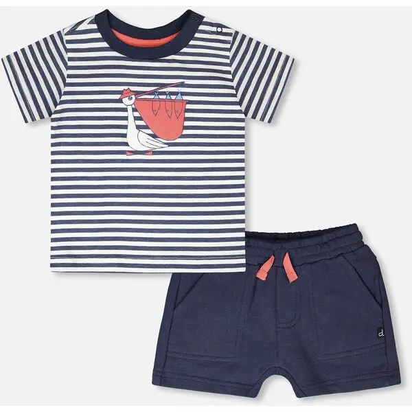 DEUX PAR DEUX Organic Cotton T-shirt And Shorts Set - Blue Stripes And Blue